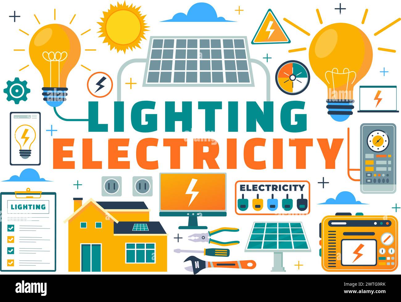 Lighting and Electricity Vector Illustration with Lamp and Energy ...