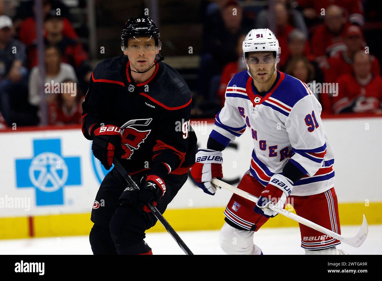 Carolina Hurricanes' Evgeny Kuznetsov (92) watches the puck with New ...