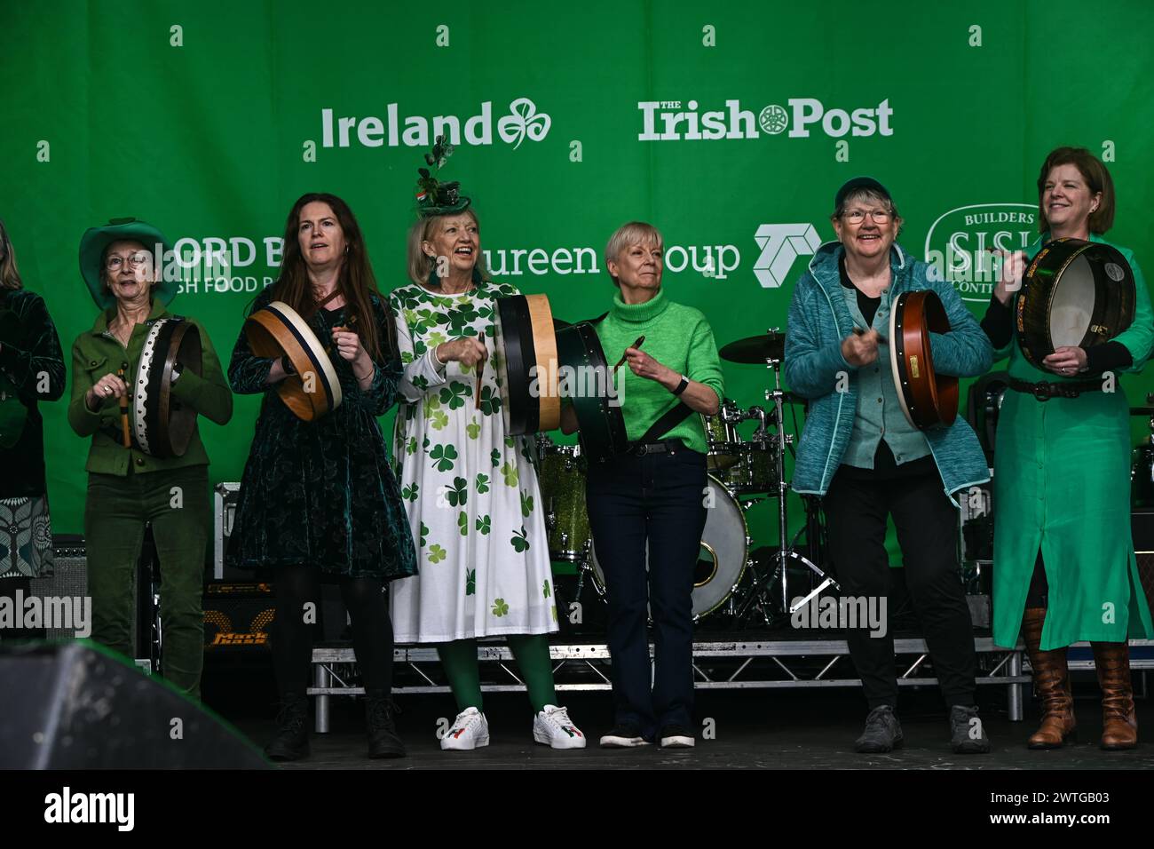 London, UK. 17th Mar, 2024. The London Bodhrán Band led by Ruairi ...