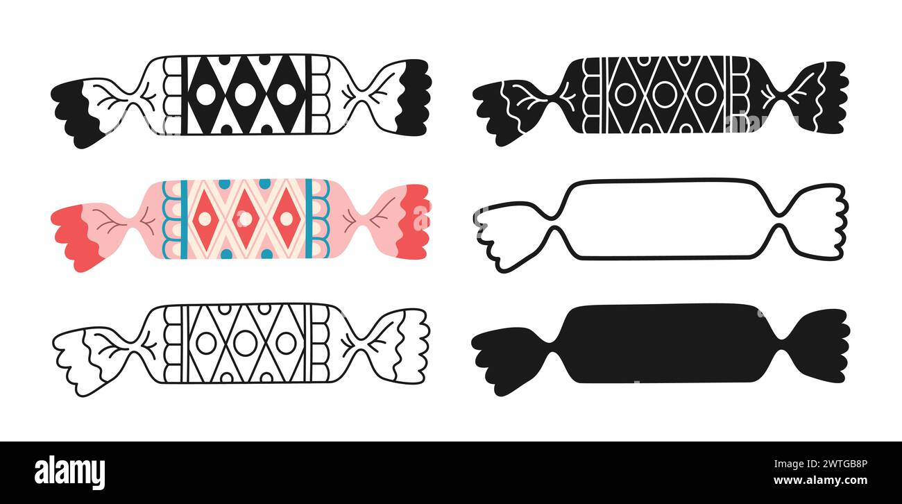 Wrapped candy with doodle ornament. Cartoon symbol bonbon, stamp ...