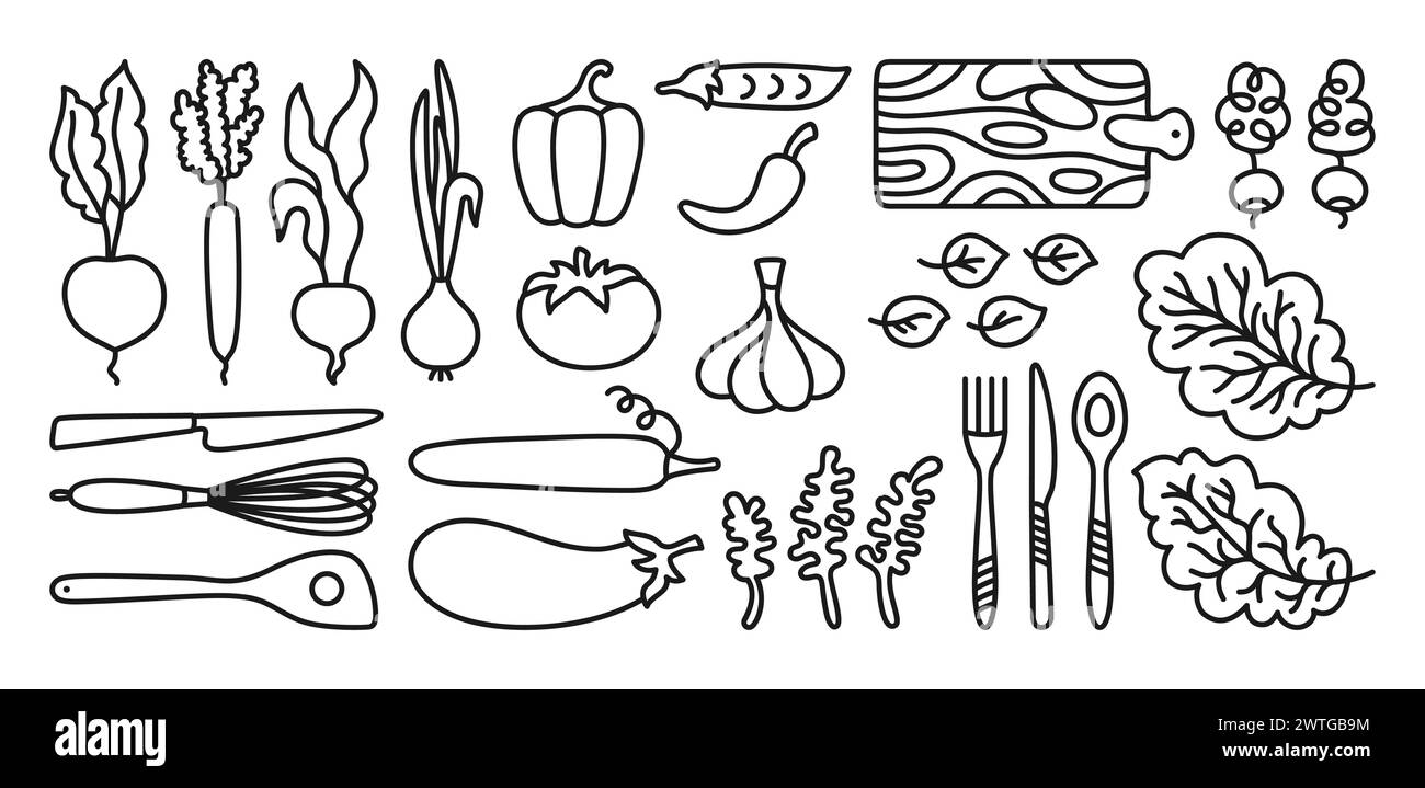 Vegetables and kitchen utensils symbol cartoon set. Vegetable sign ...