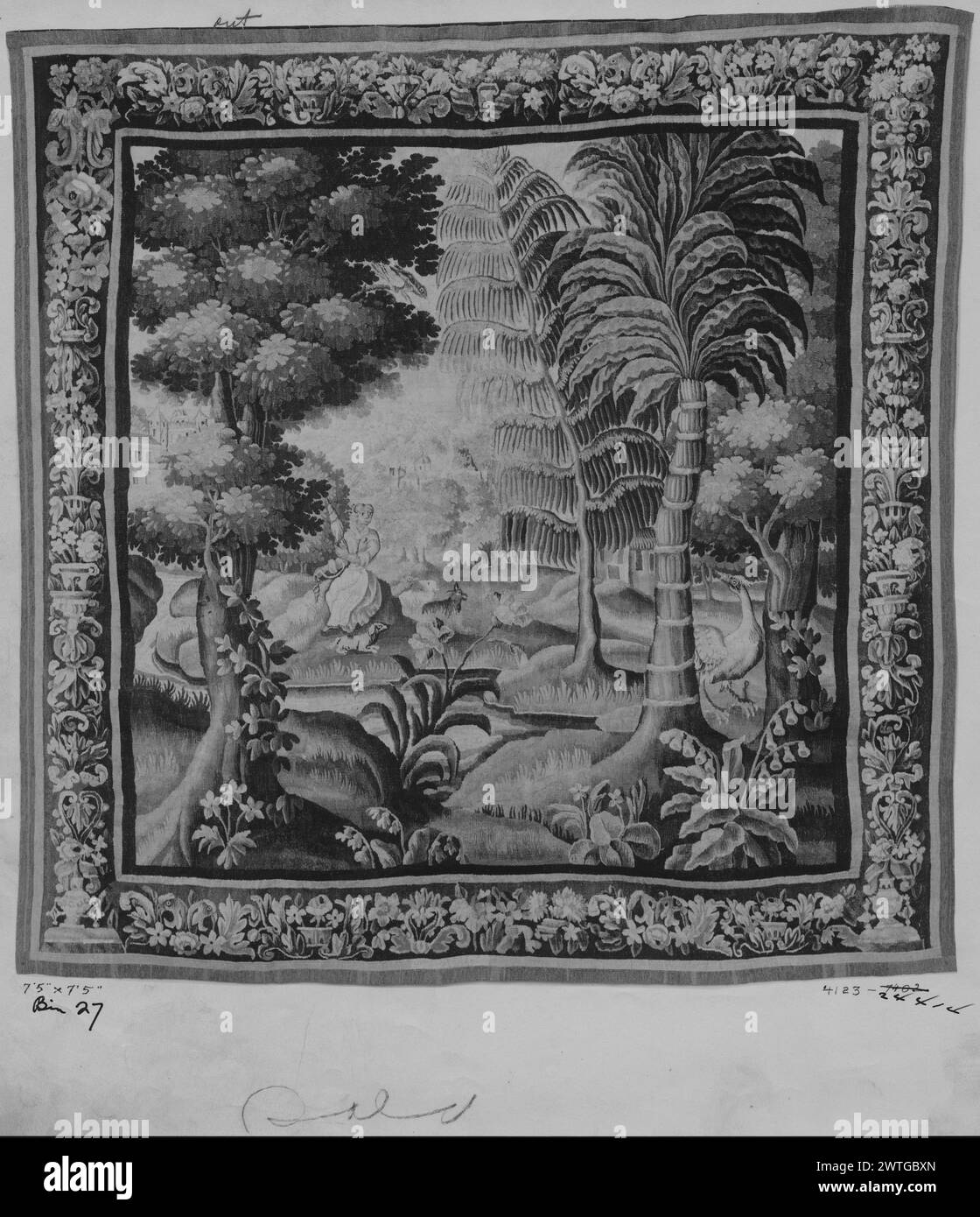 River landscape with exotic trees and a woman spinning. unknown c. 1750 ...