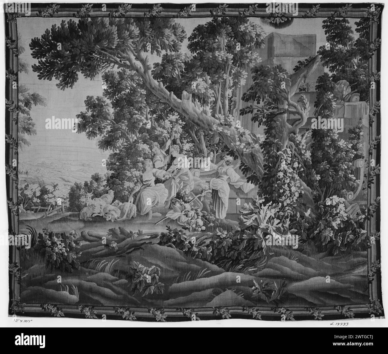 Shepherdesses with shepherds and sheep at a fountain. Boucher, François ...