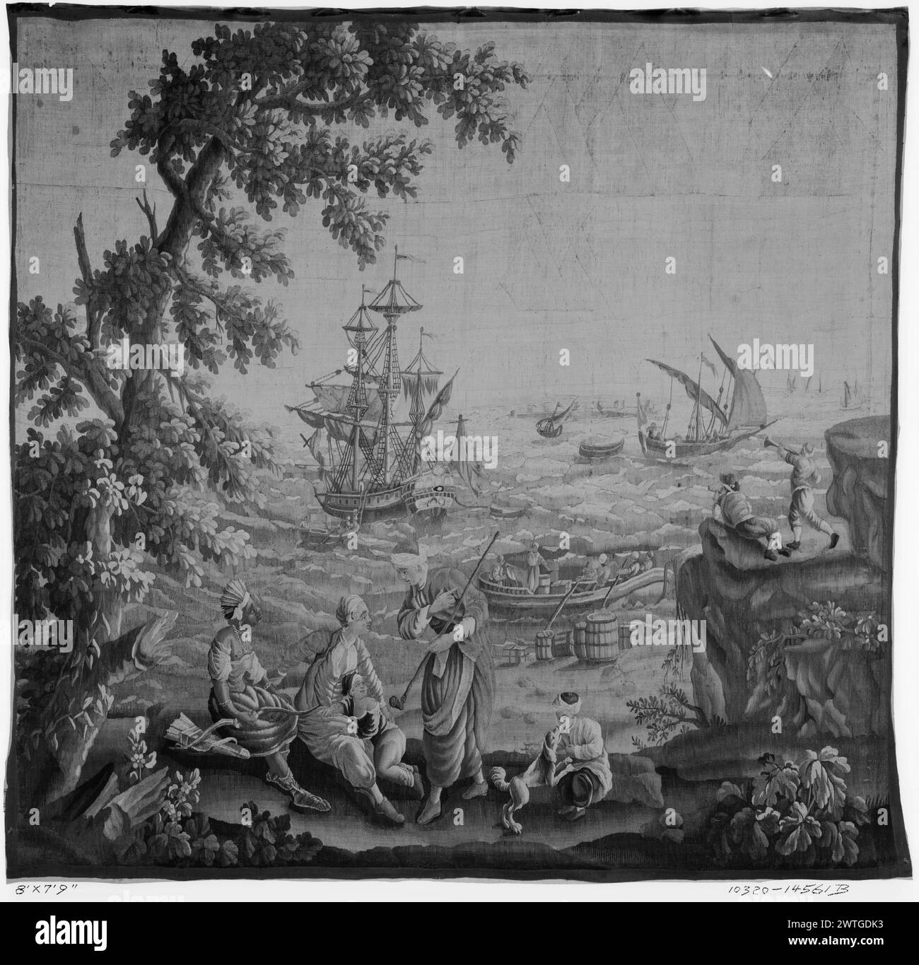 Shore scene with Turkish man talking with women and boats unloading ...