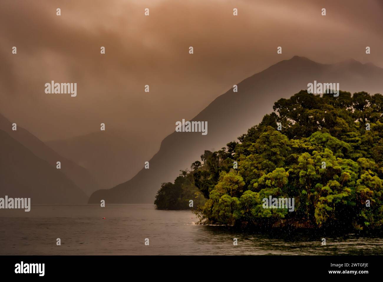 Heavy rain mist and cloud during a storm in Doubtful Sound Fiordland NZ ...