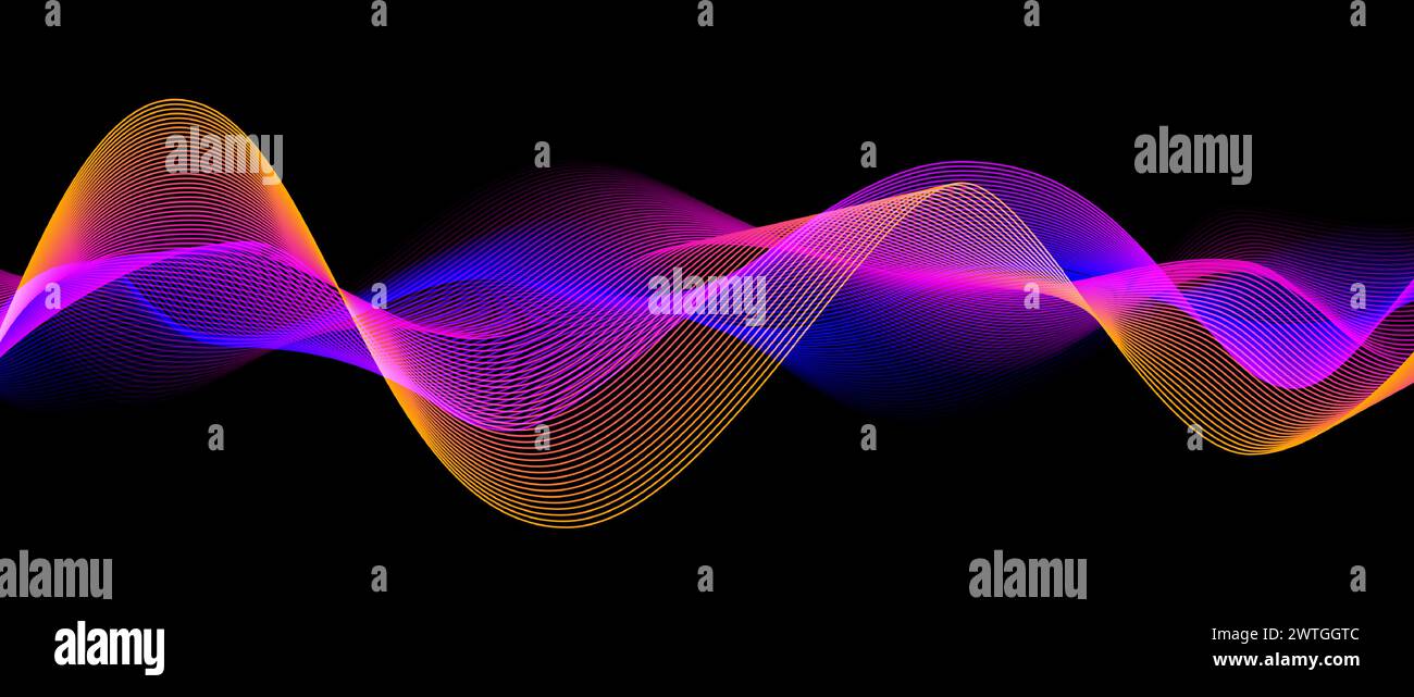Neon flowing wavy lines on black background. Abstract sound wave design ...