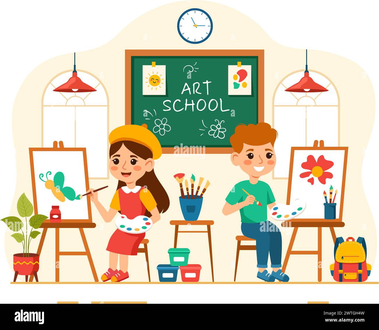Art School Vector Illustration with Kids of Painting with Live Model or ...