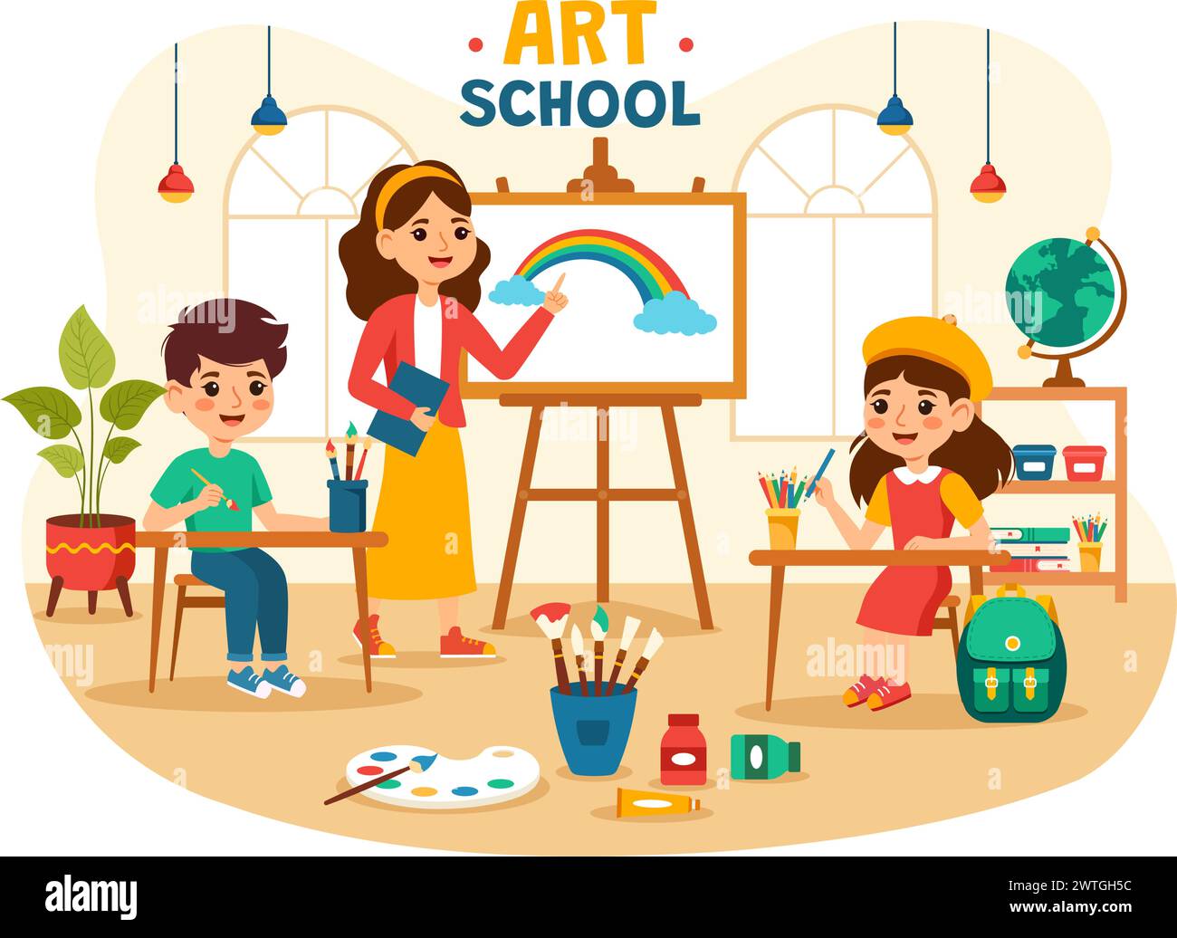Art School Vector Illustration with Kids of Painting with Live Model or ...