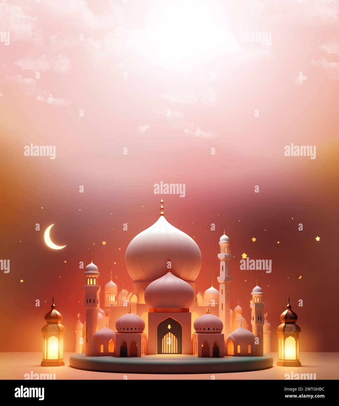 Islamic new year greeting poster with mosque background and cloud sky ...