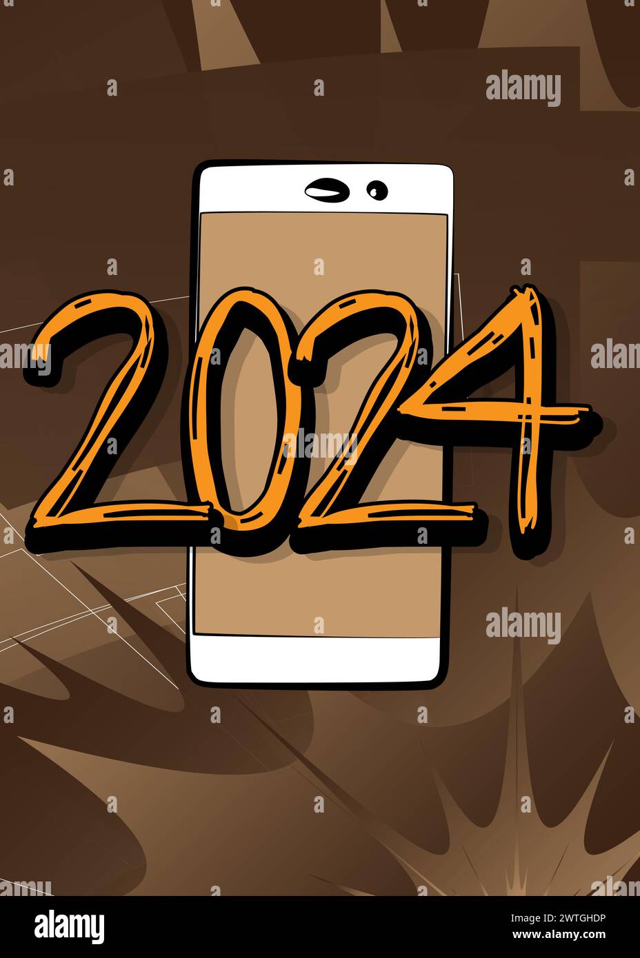 Cartoon Smartphone, comic book Telephone with the number 2024. Retro ...