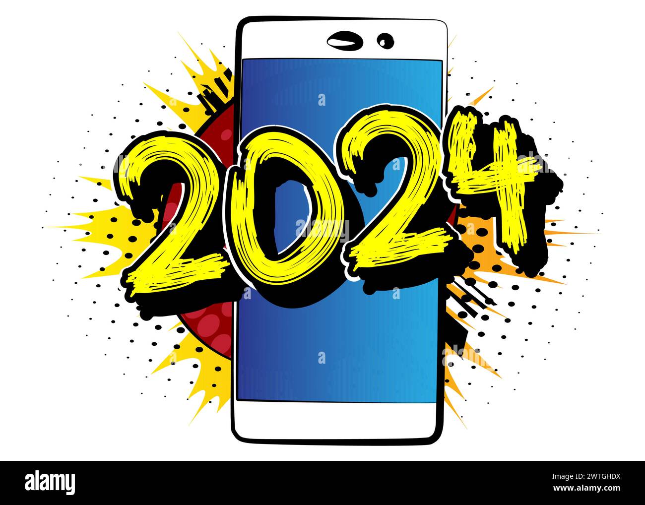 Cartoon Smartphone, comic book Telephone with the number 2024. Retro ...