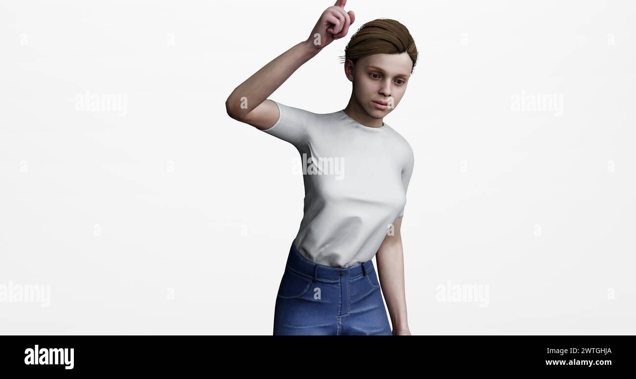 3d render of female, woman, girl or lady complain and argue in angry ...