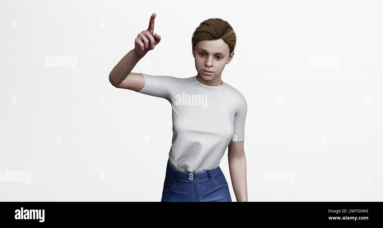 3d render of female, woman, girl or lady complain and argue in angry ...