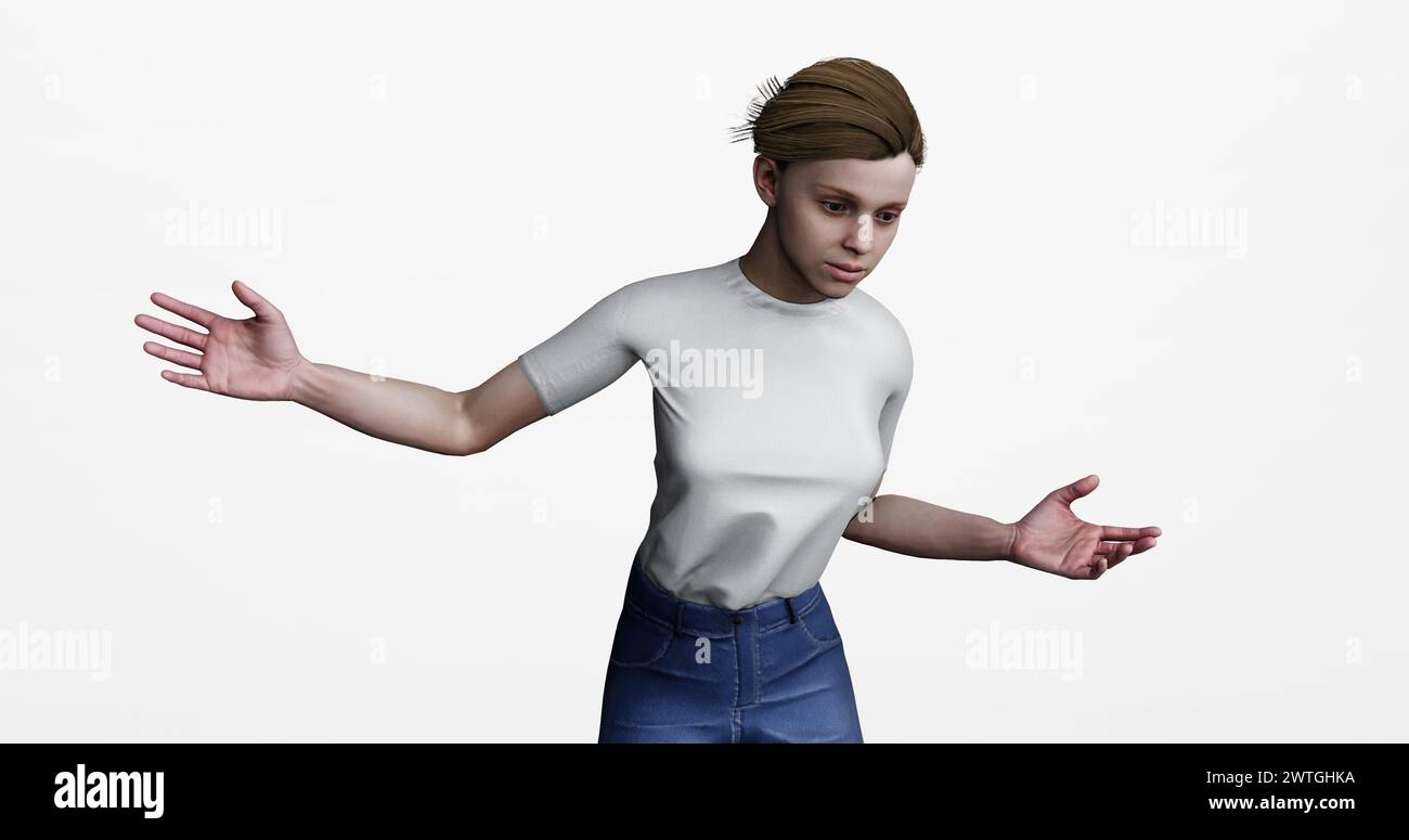 3d render of female, woman, girl or lady complain and argue in angry ...