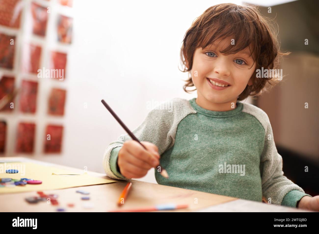 Happy boy, portrait and drawing with color for creativity, learning or ...