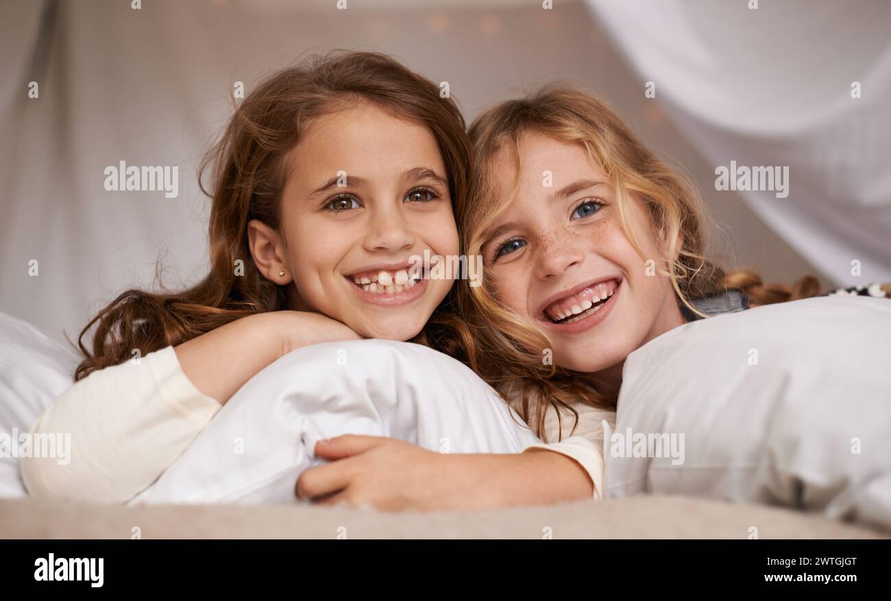 Happy, home and portrait of children in bedroom for playing, bonding ...