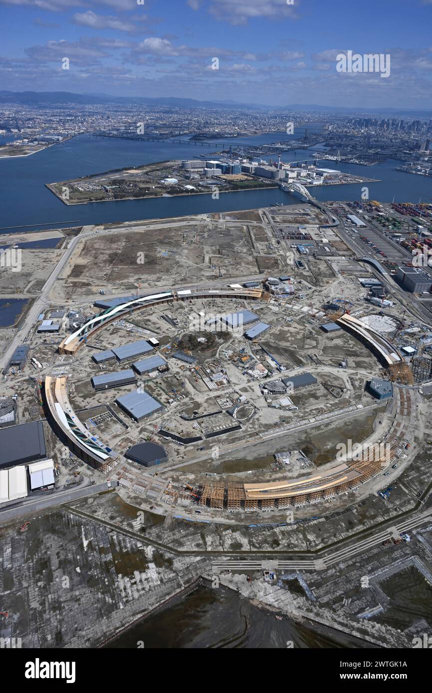An aerial photo shows Yumeshima, the venue for Expo 2025 Osaka, Kansai ...