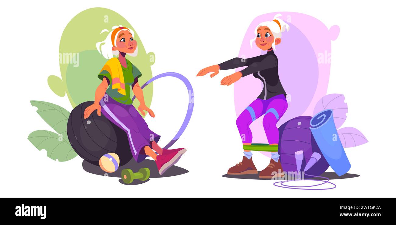 Senior people doing sports at home or in gym. Cartoon vector ...