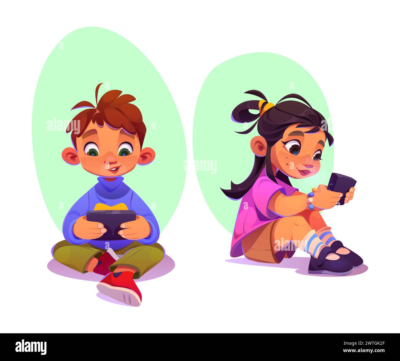 Kids playing with mobile phone. Cartoon vector illustration set of cute ...