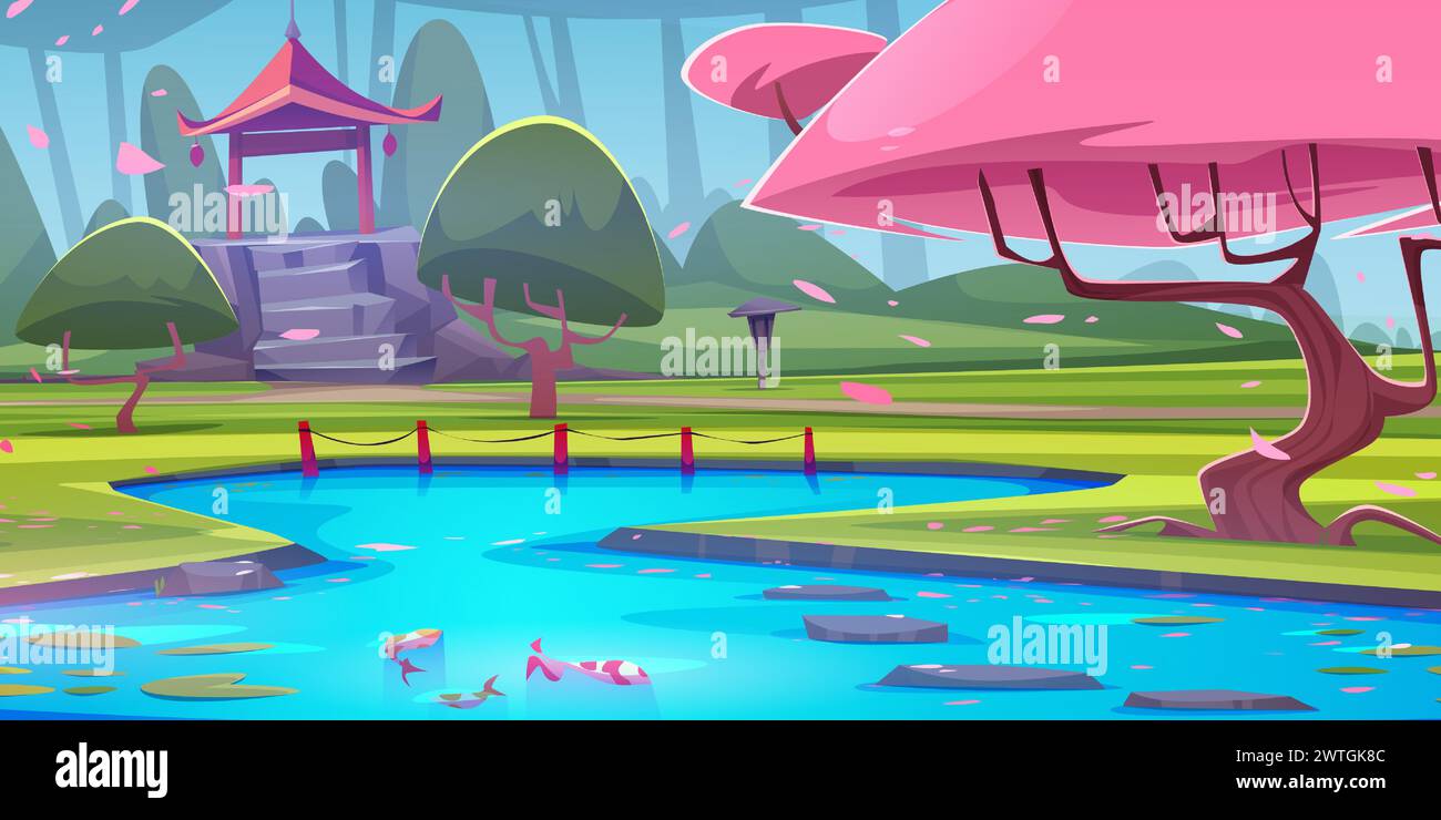 Japanese city park with pink flower sakura trees, traditional shape ...