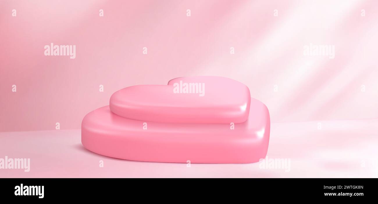 3d pink heart shape product podium background. Valentine love platform ...
