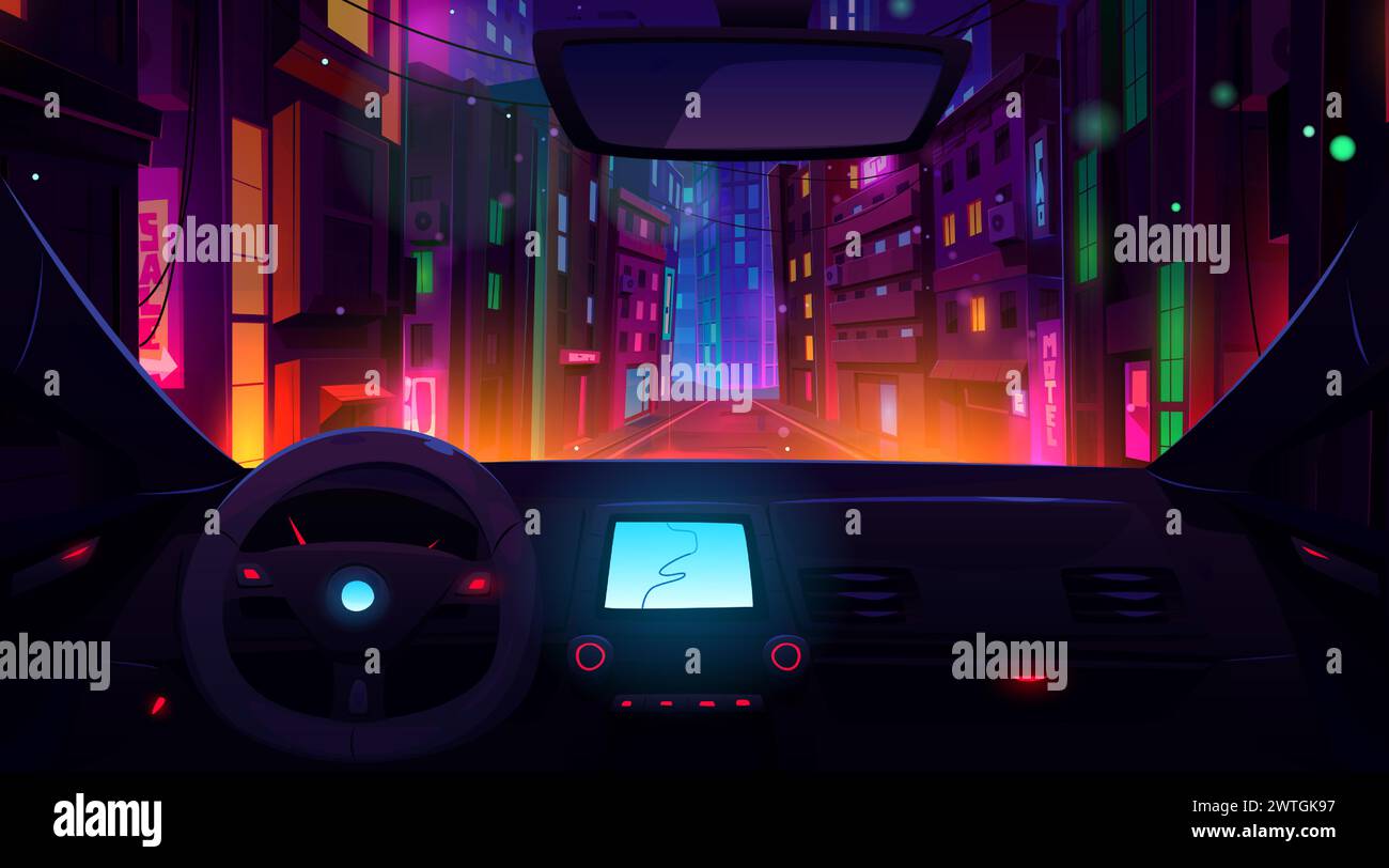Car inside dashboard and future neon road view vector illustration. Cityscape drive with urban ...