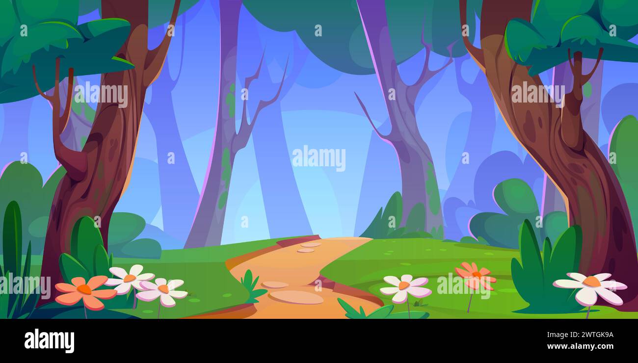 Footpath in summer forest with color flowers. Vector cartoon ...