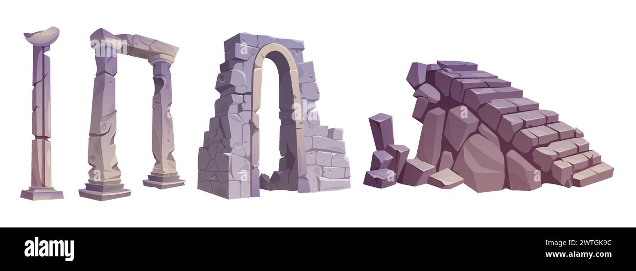 Ancient ruin vector set. Old Atlantis city temple building pillar and ...