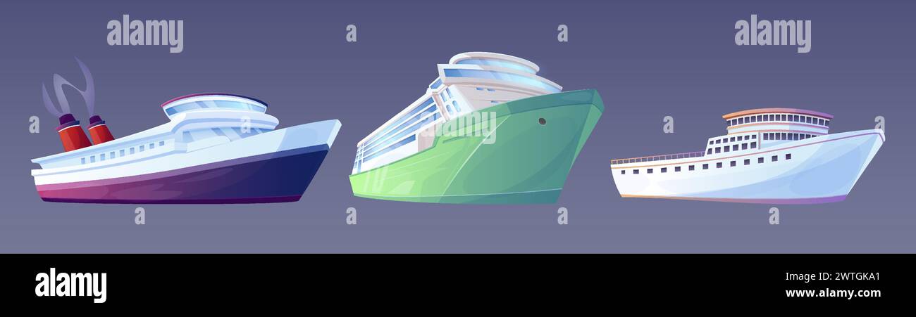 Large cruise ship in cartoon vector illustration set. Sea and ocean big ...