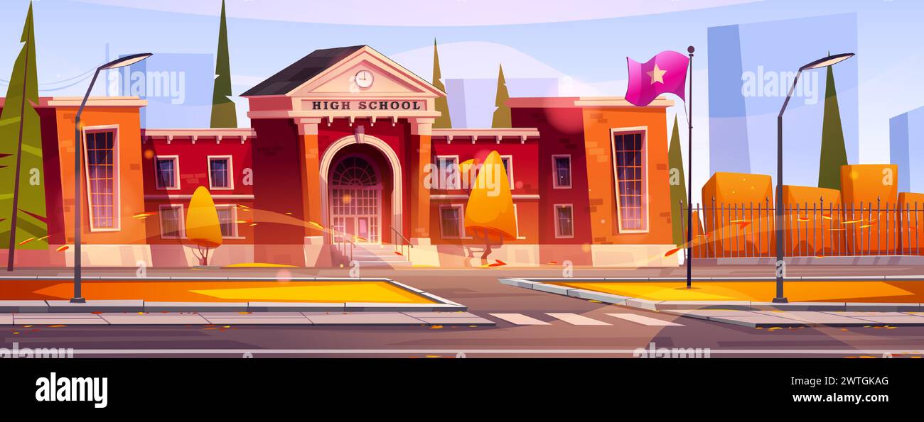 High school building in autumn city. Vector cartoon illustration of ...