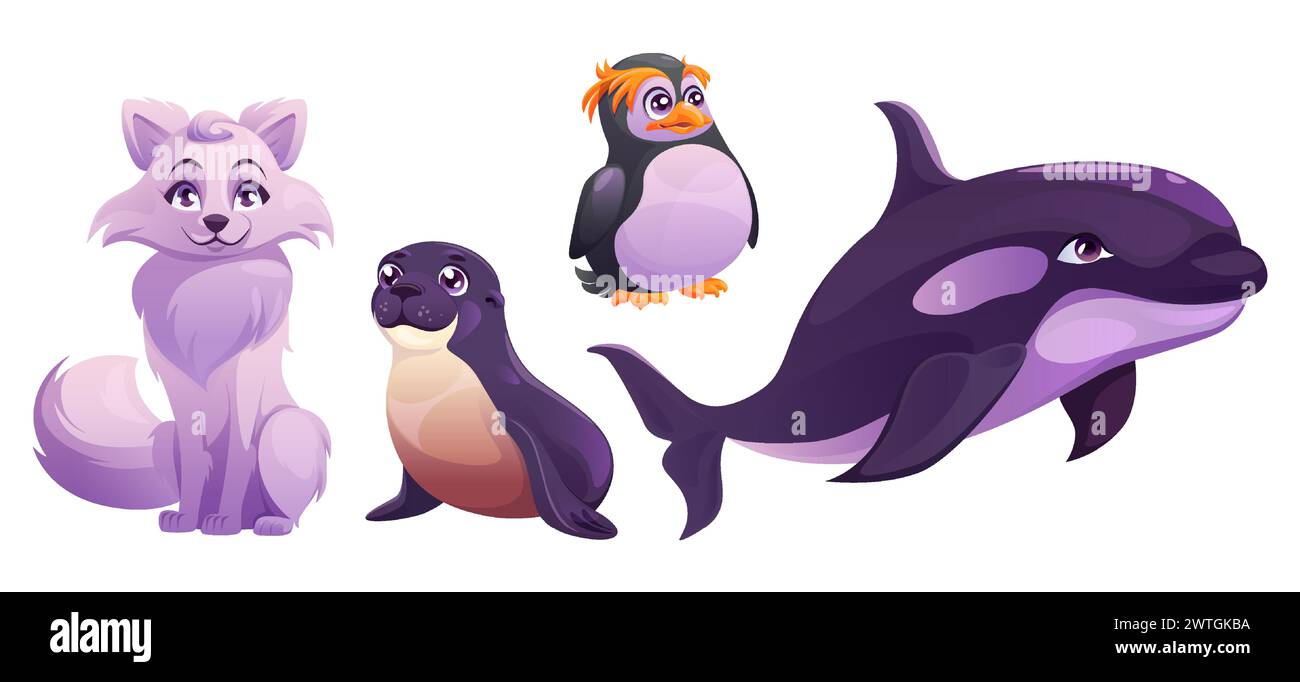 Arctic animals set isolated on white background. Vector cartoon illustration of whale, penguin ...