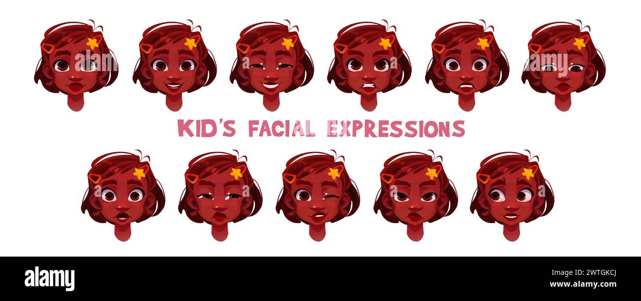 Kid girl face expression kit. Cartoon vector illustration set of ...