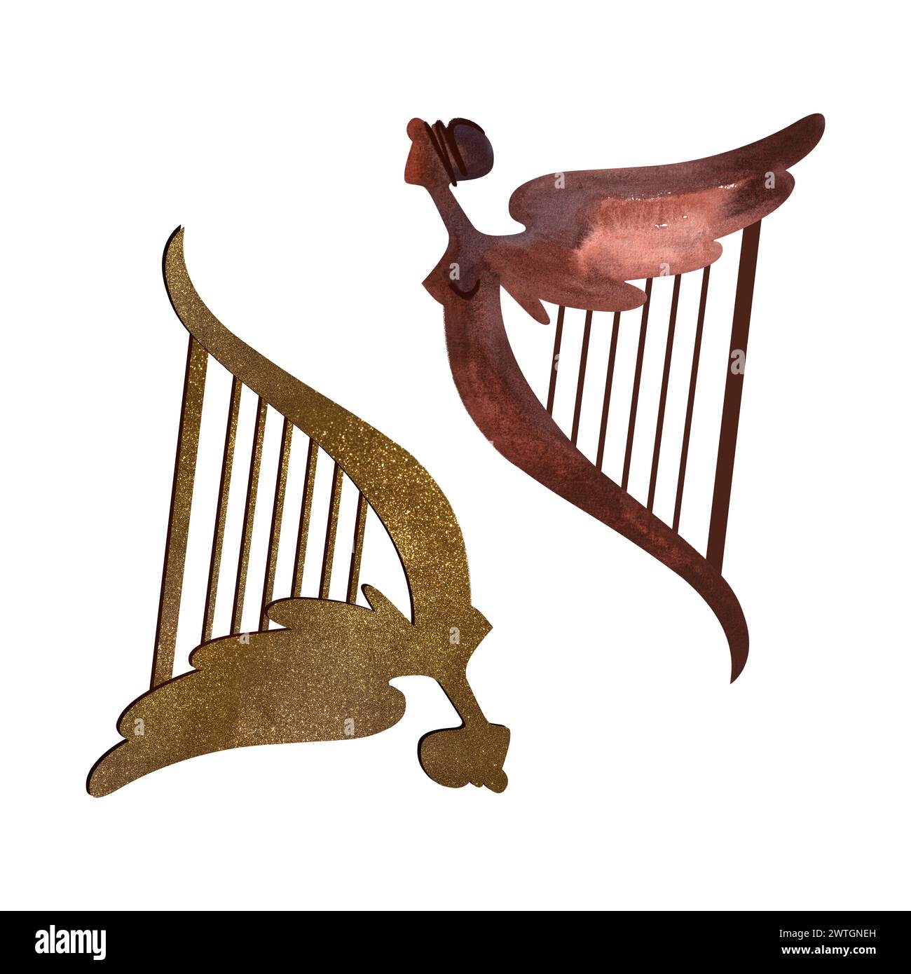 Wooden and golden Celtic harps with a female silhouette. Symbol of ...