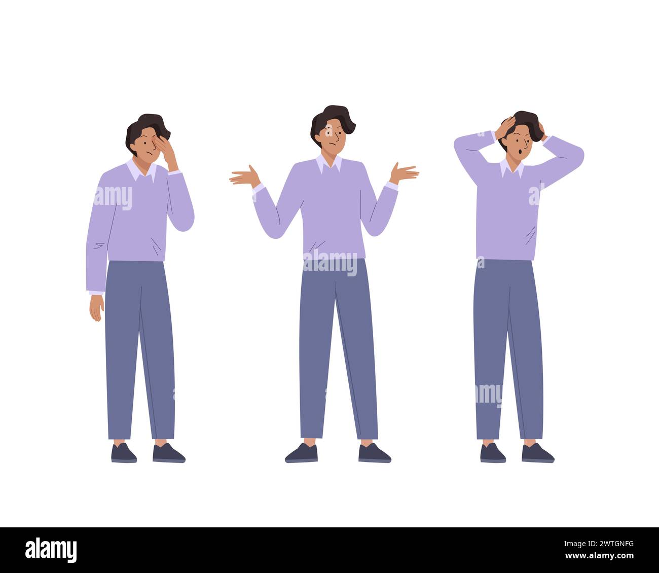 Young Man feel different negative emotions. Various male gestures and ...