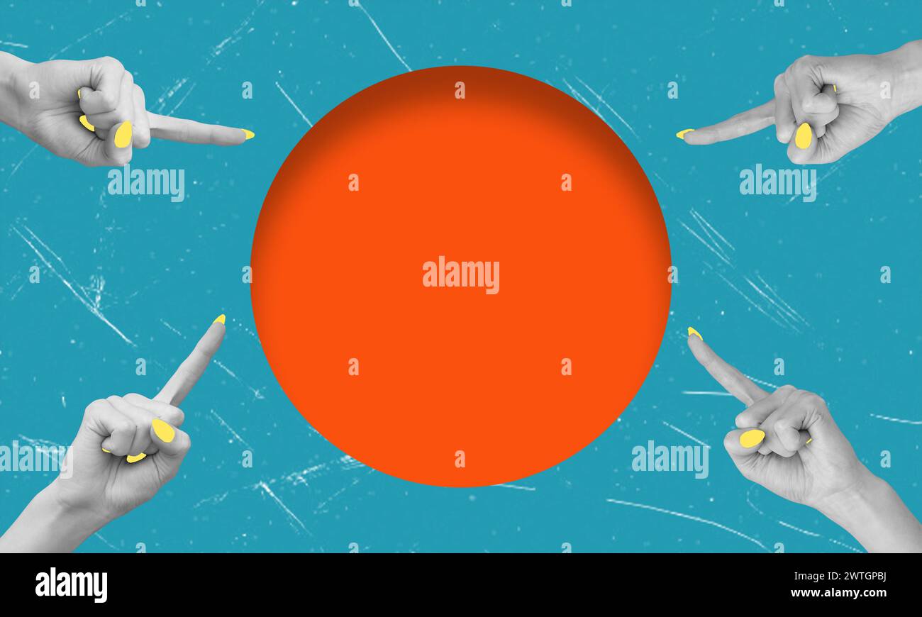 Digital collage of contemporary art. Hand pointing finger to circle ...