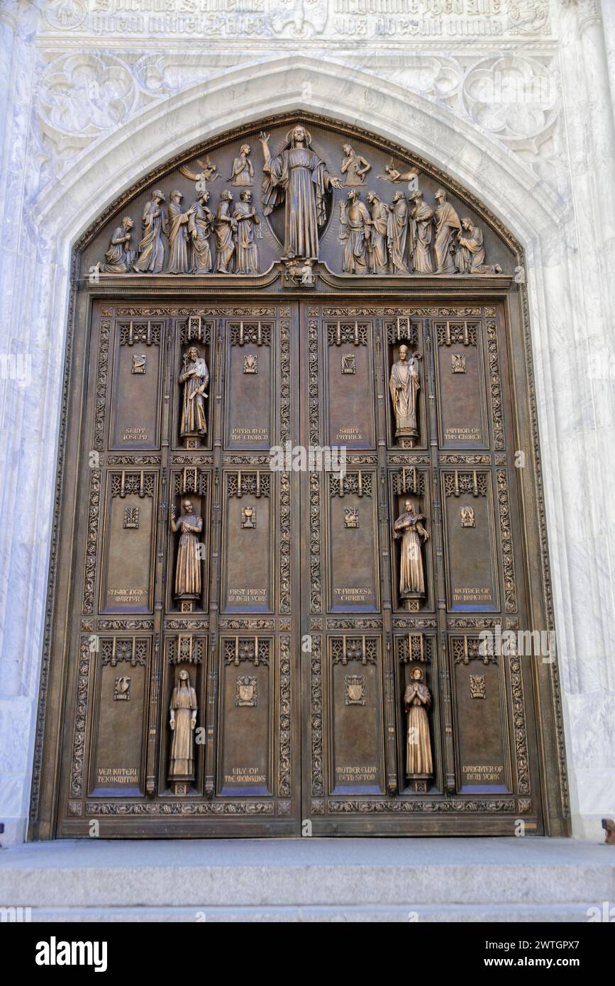 Saint Patrick's Old Cathedral or Old St. Patrick's, Lower Manhattan, Historic door with detailed ...