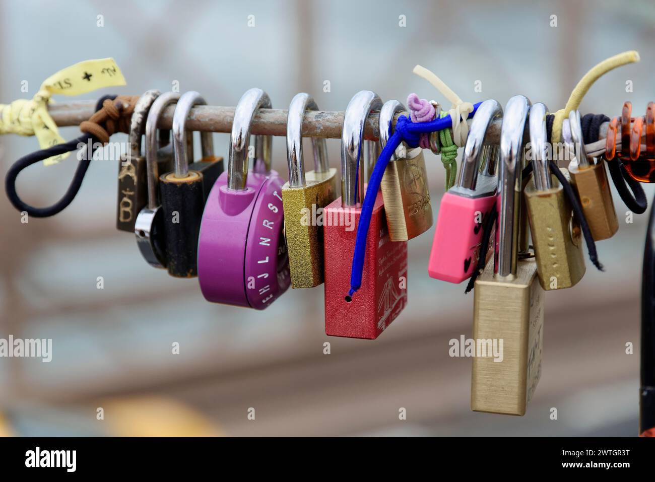 Brooklyn Bridge, Various love locks on a railing show individuality and ...