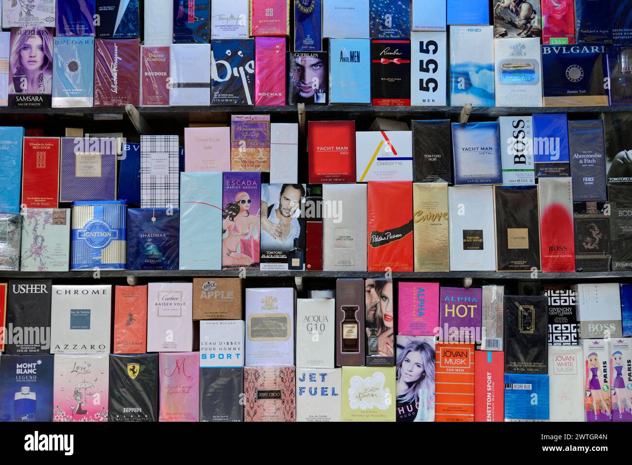 A wall with various perfume bottles of well-known brands, Manhattan ...