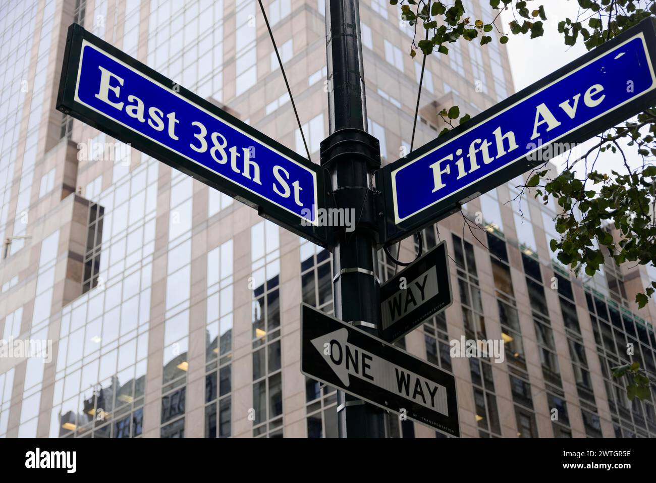 Street signs show the intersection of East 38th Street and Fifth Avenue ...