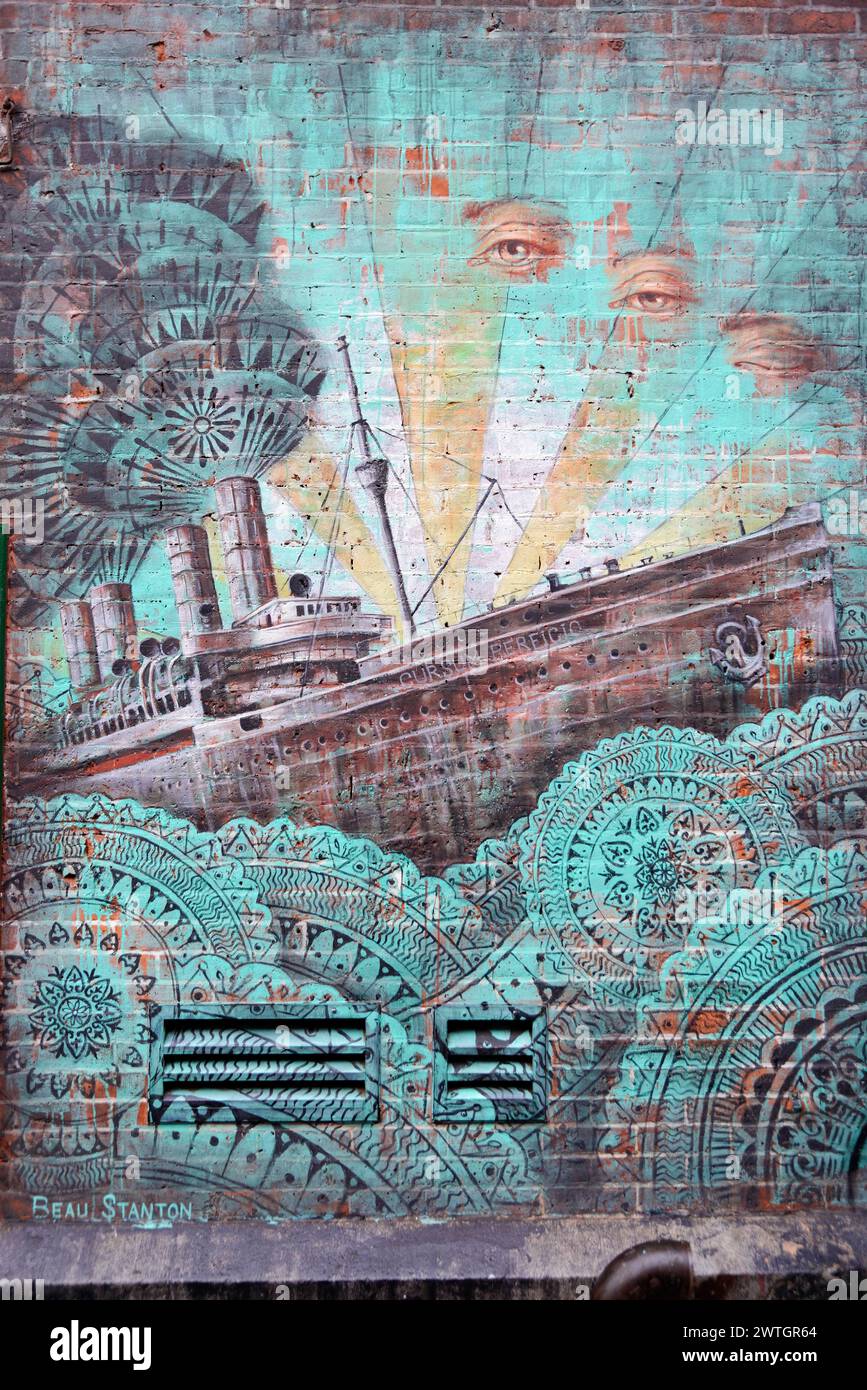 Graffiti, mural depicting a ship with superimposed eyes and patterns ...