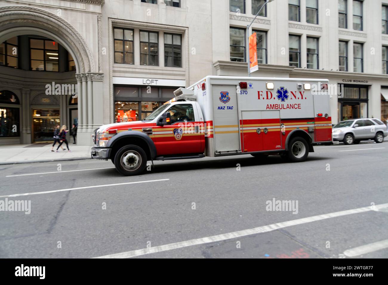 New York City Fire Department ambulance driving on a street, Manhattan ...