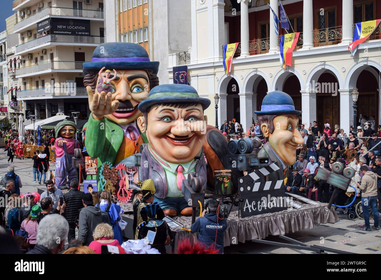 Patras, Greece. 17 March 2024. A Carnival float is seen in front of the ...