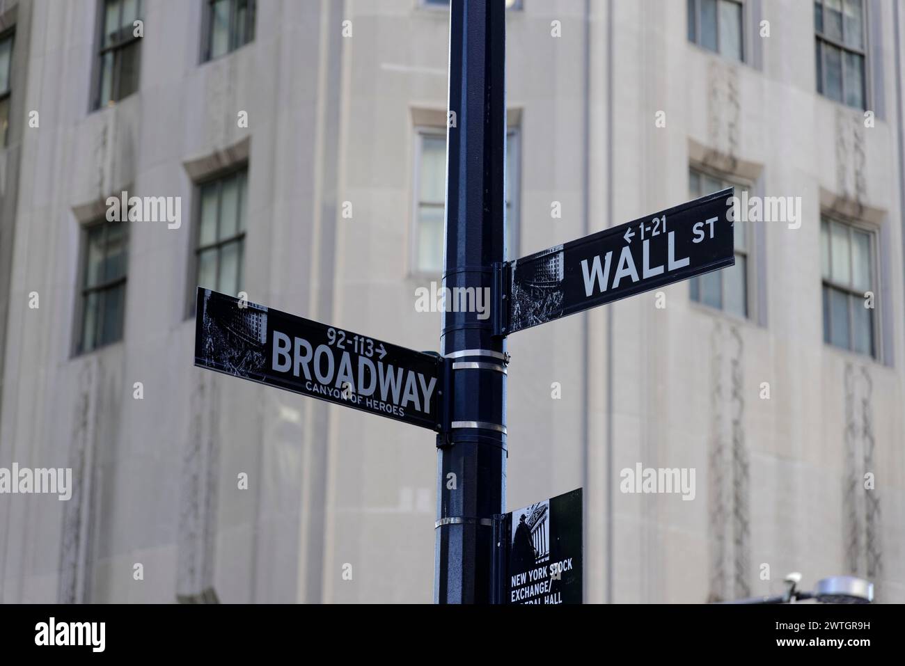 Street signs on the corner of Wall Street and Broadway in New York ...