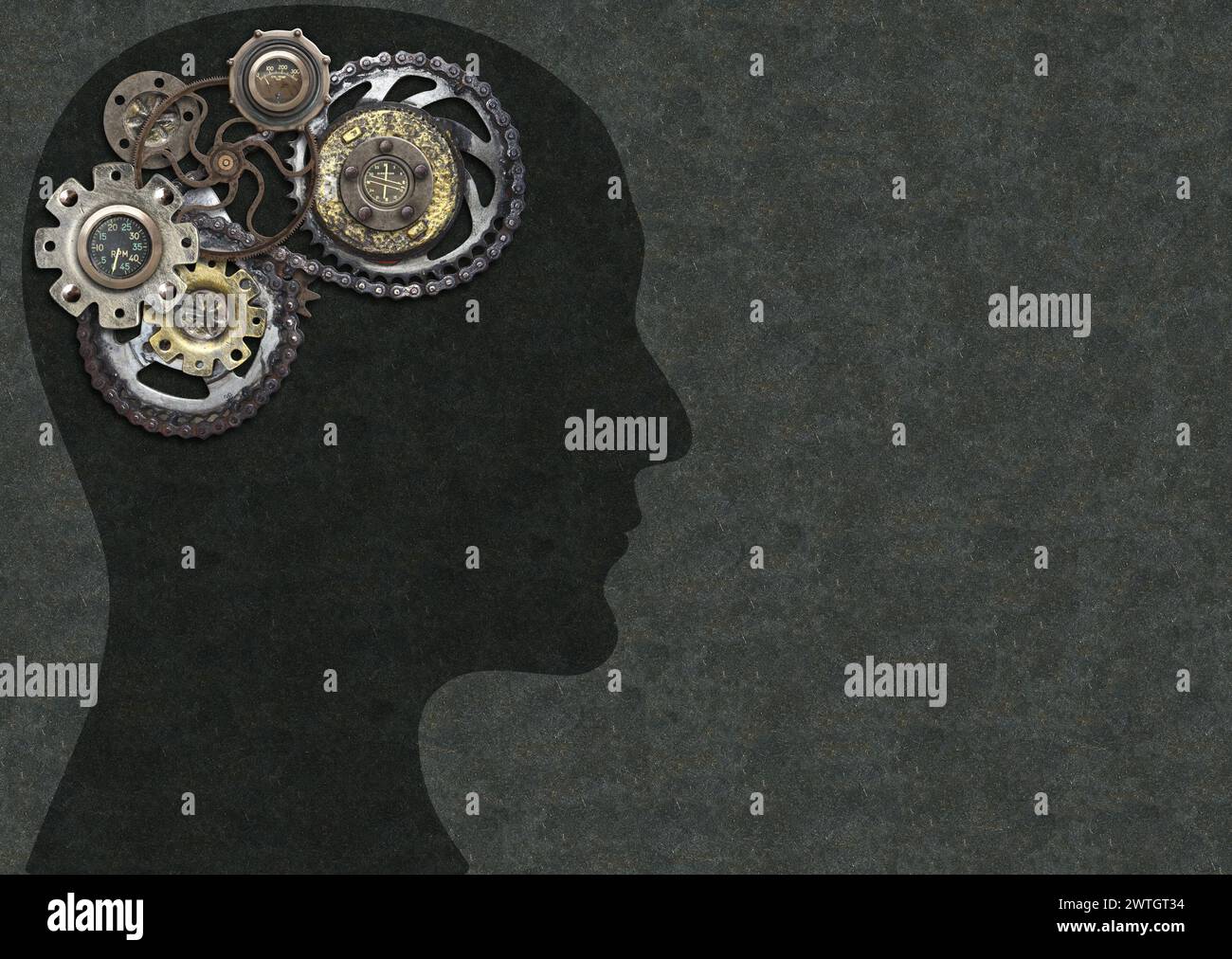 Horizontal steampunk style background with shape of a human's head and ...