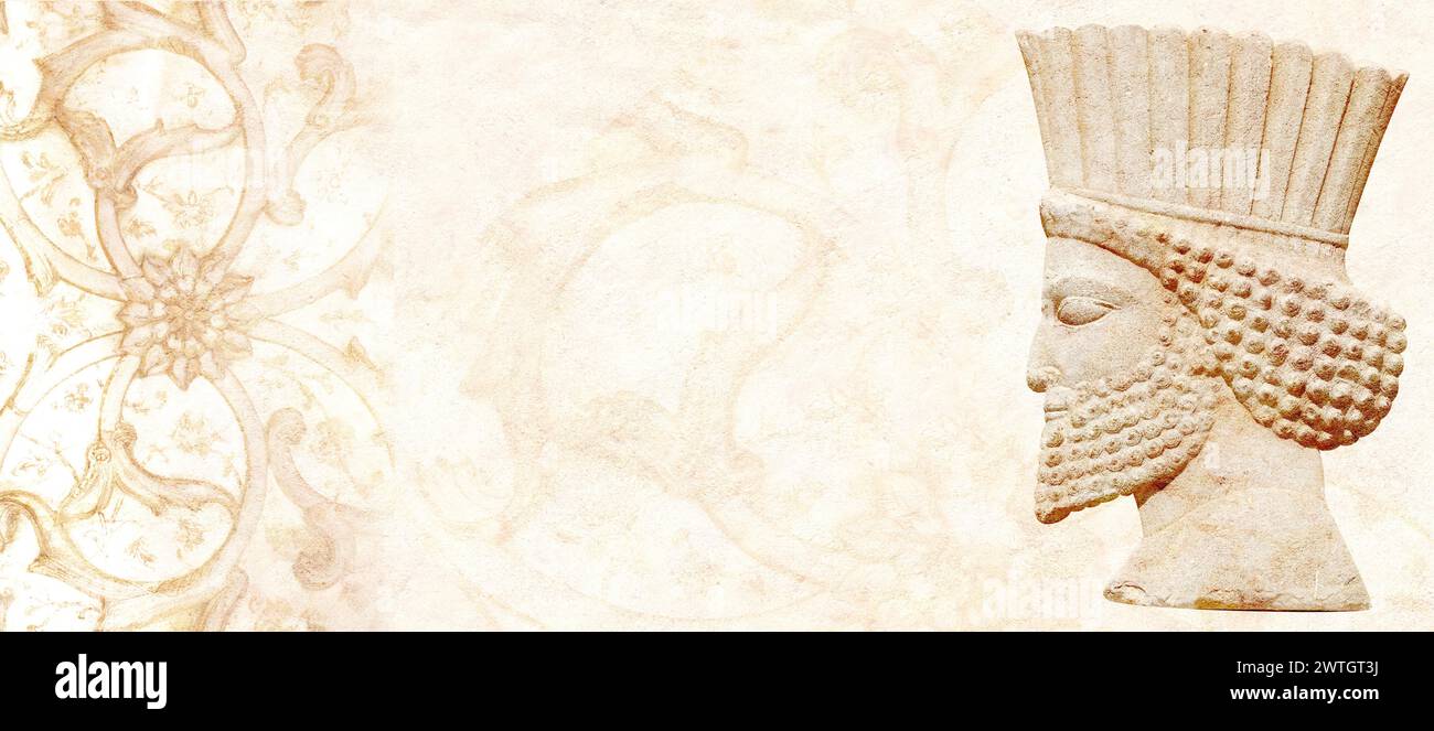 Grunge backdrop with bas-relief of face of assyrian warrior, Persepolis ...