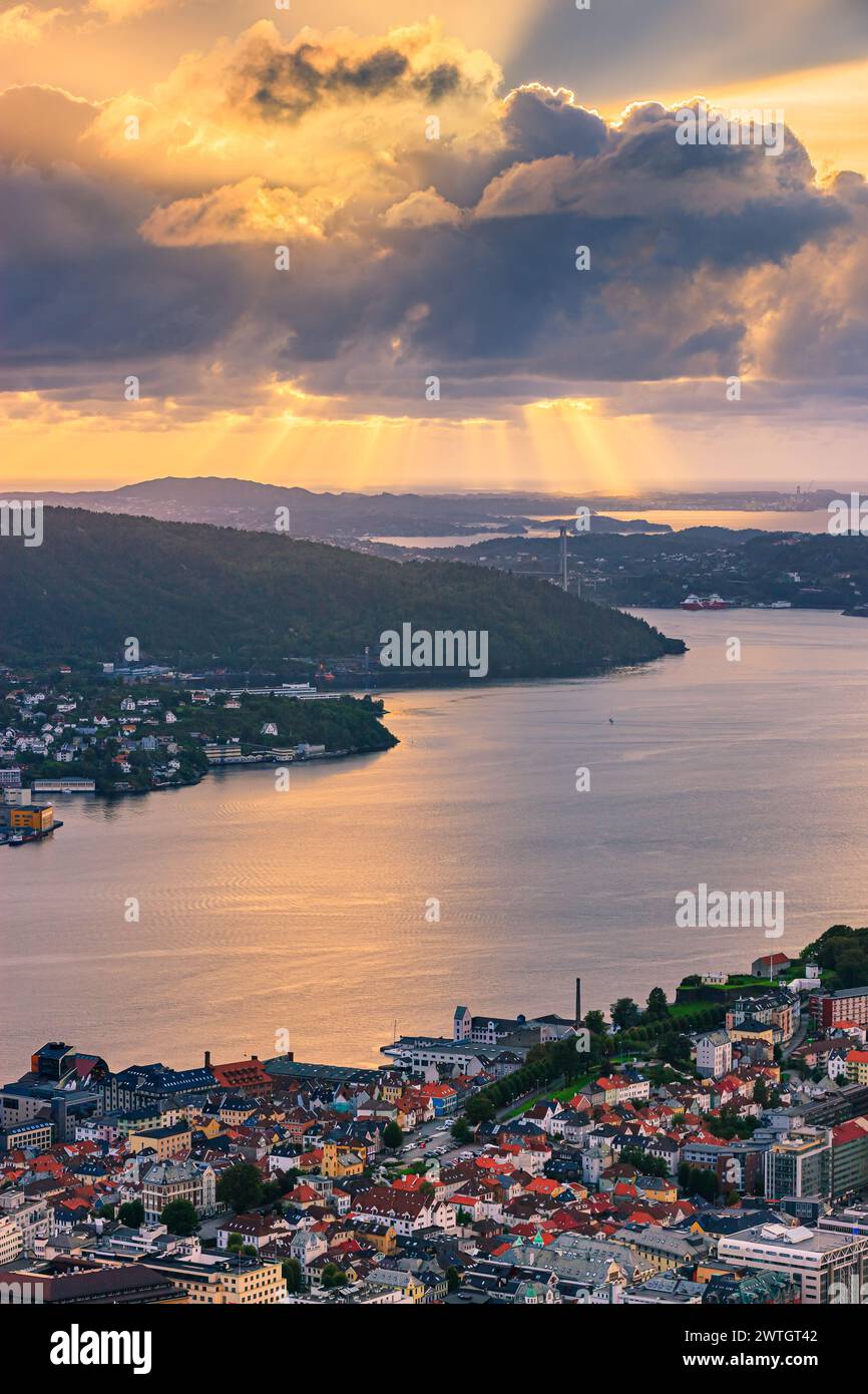 A vertical image with the view from Mount Floyen on a summer evening at ...