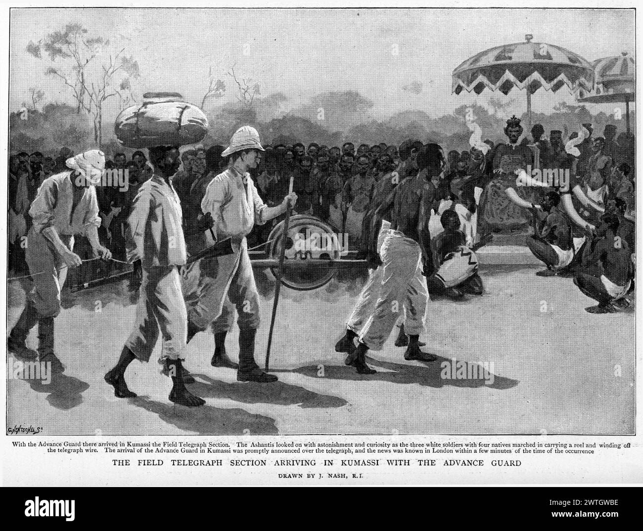 Soldiers carry the cable for the first telegraph in Ghana. Published ...