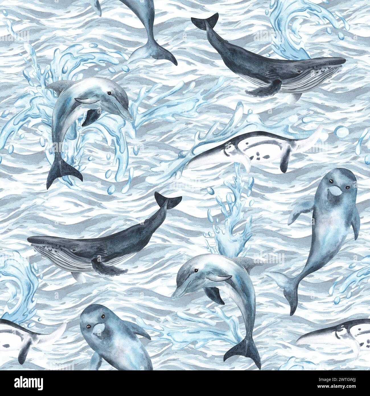 Dolphins and Whales watercolor, nature background, seamless pattern ...