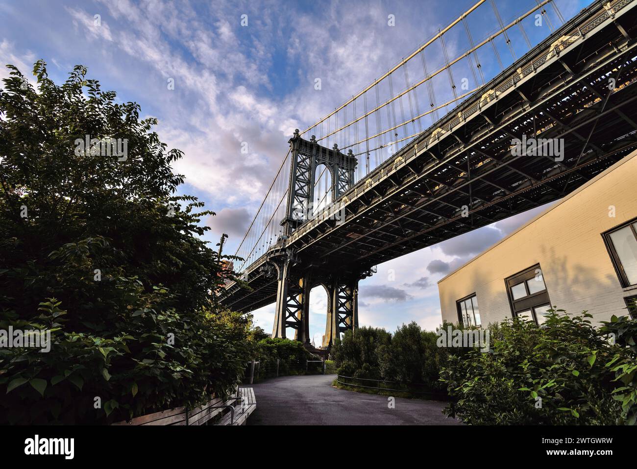 Low Angle View of Manhattan Bridge by the Environmental Education Center in DUMBO, Brooklyn ...