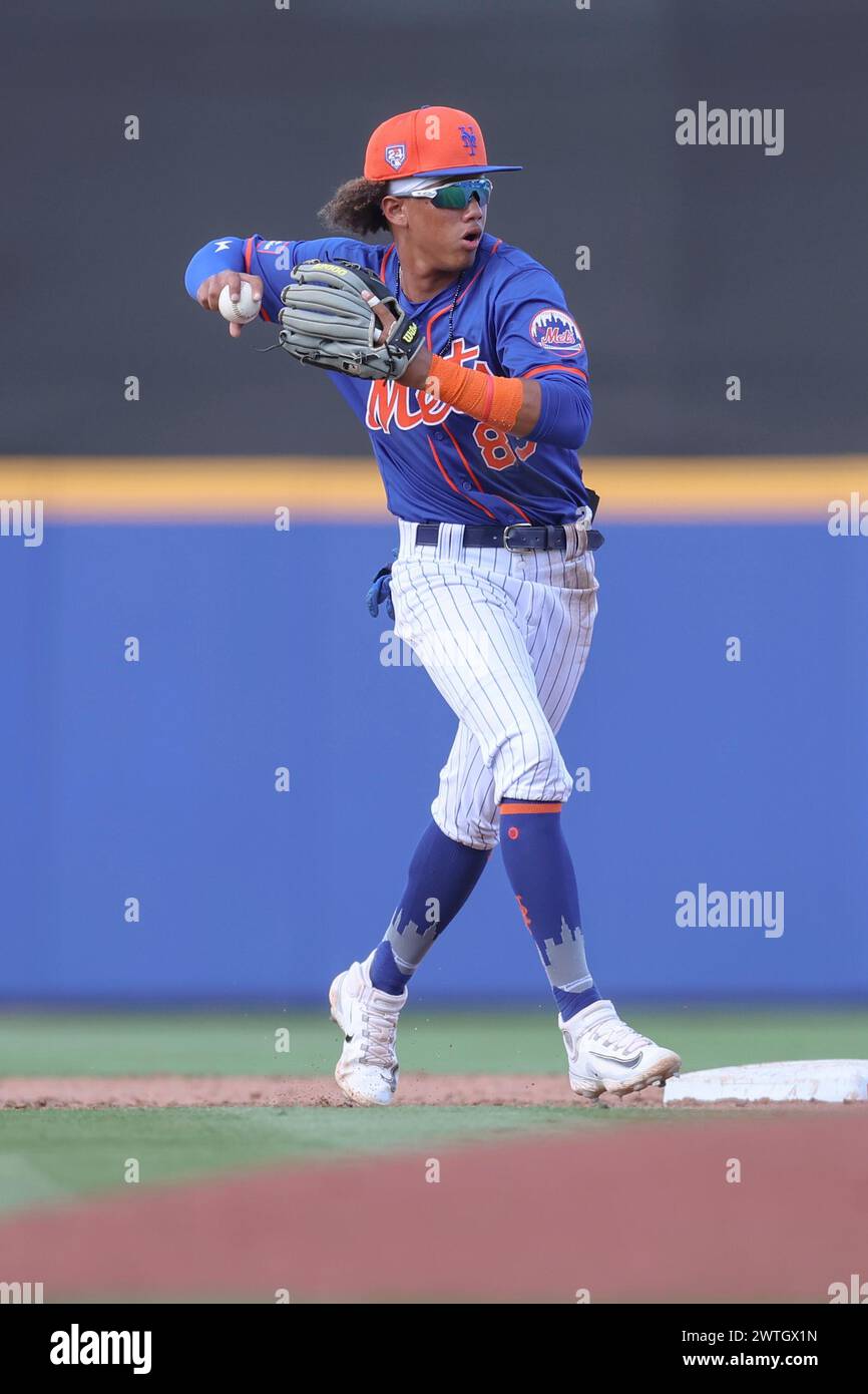 Port St Lucie, FL: New York Mets shortstop Jeremy Rodriguez (83) throws ...